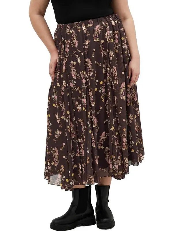 City Chic Serene Print Pleated Maxi Skirt - Cocoa Bloom