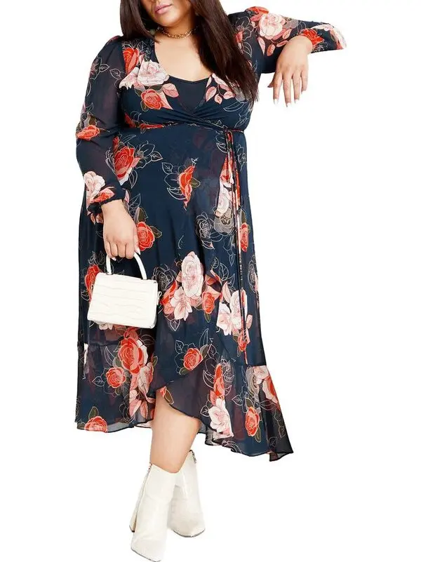 City Chic Kataleya Long Sleeve Chiffon Maxi Wrap Dress - Navy