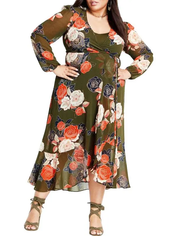 City Chic Kataleya Long Sleeve Chiffon Maxi Wrap Dress - Olive Floral
