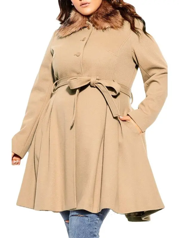 City Chic Faux Fur Collar Coat - Neutral