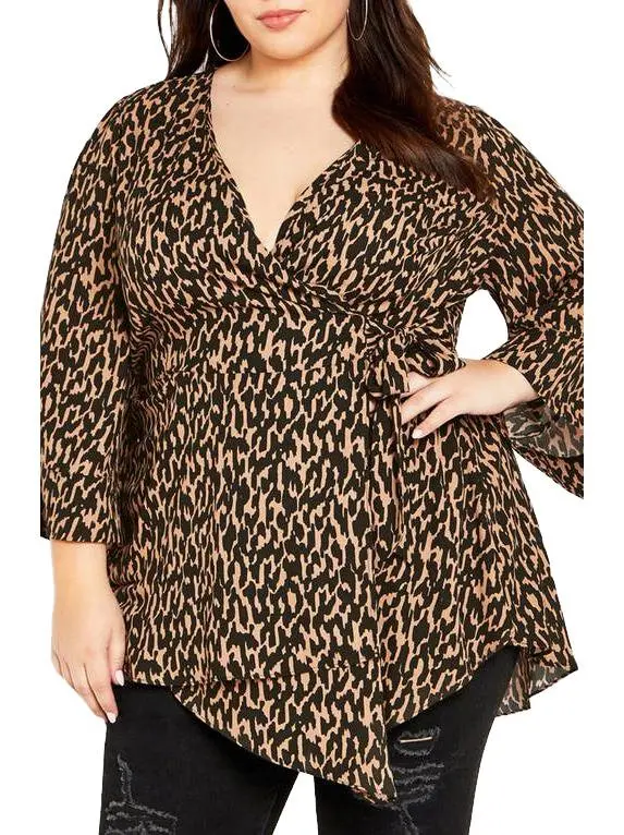 City Chic Jemma Leopard Print Wrap Tunic Top - Geo Animal