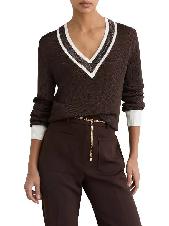 REISS Courtney Beaded Trim V-neck Sweater - Chocolate Brown