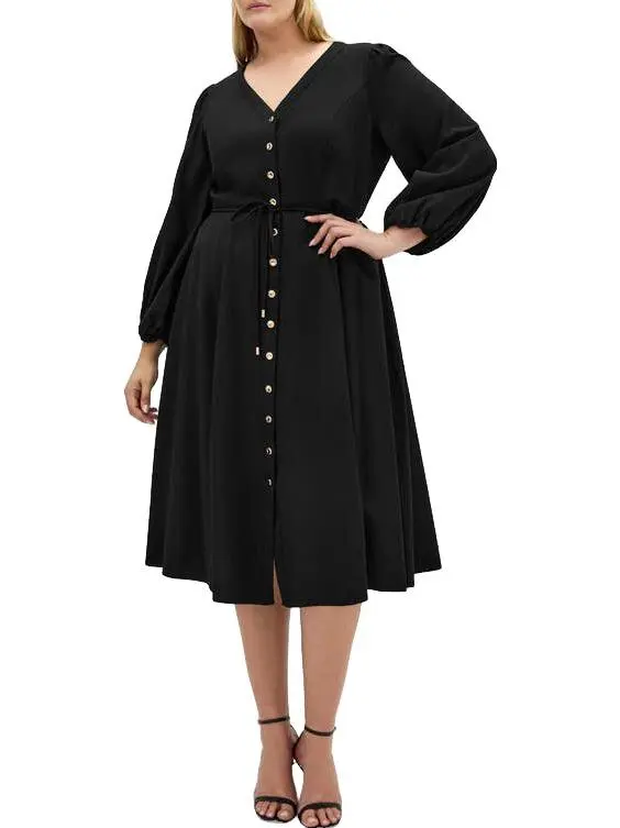 City Chic Kristina Tie Waist Long Sleeve Midi Dress - Black
