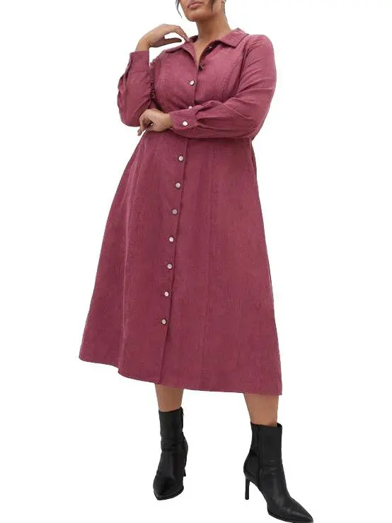 City Chic Leah Long Sleeve Corduroy Midi Dress - Beet Red