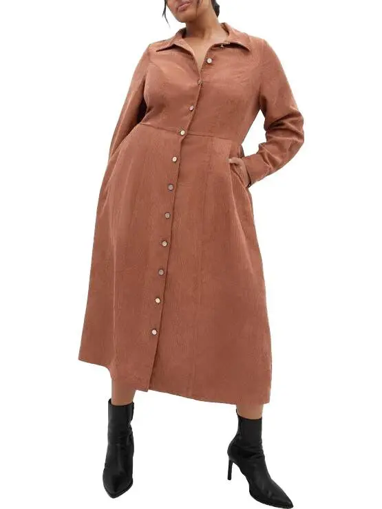 City Chic Leah Long Sleeve Corduroy Midi Dress - Cognac
