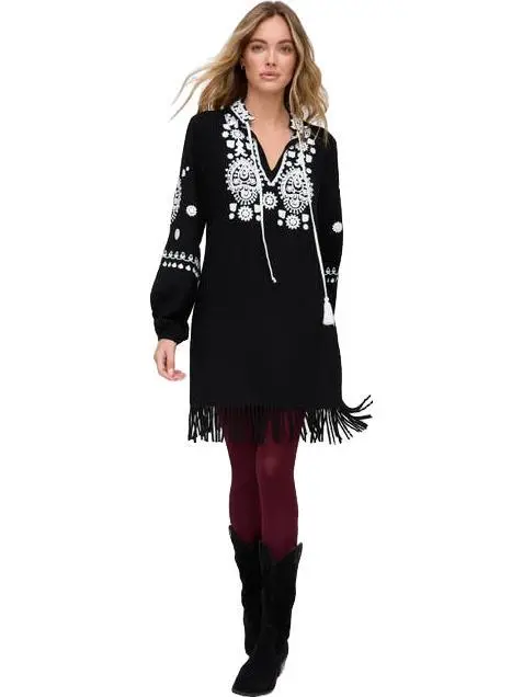 RAFFYA Katie Fringe Embroidered Mini Dress - Black