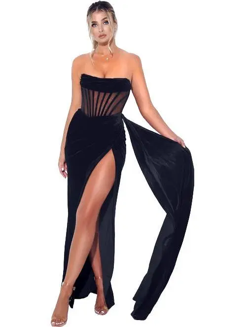MISS CIRCLE Priya Draping Corset High Slit Velvet Gown - Black