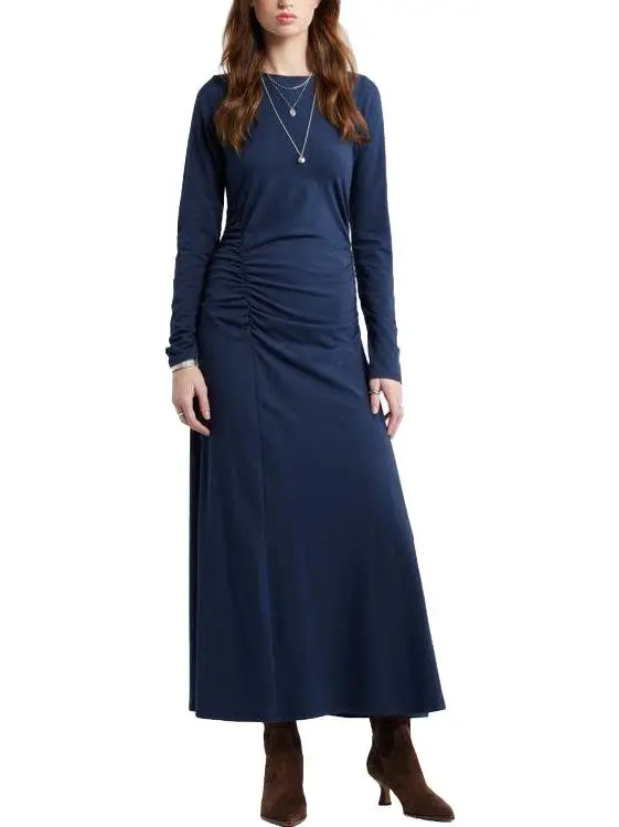 Treasure & Bond Side Ruched Long Sleeve Stretch Cotton Dress - Navy Still