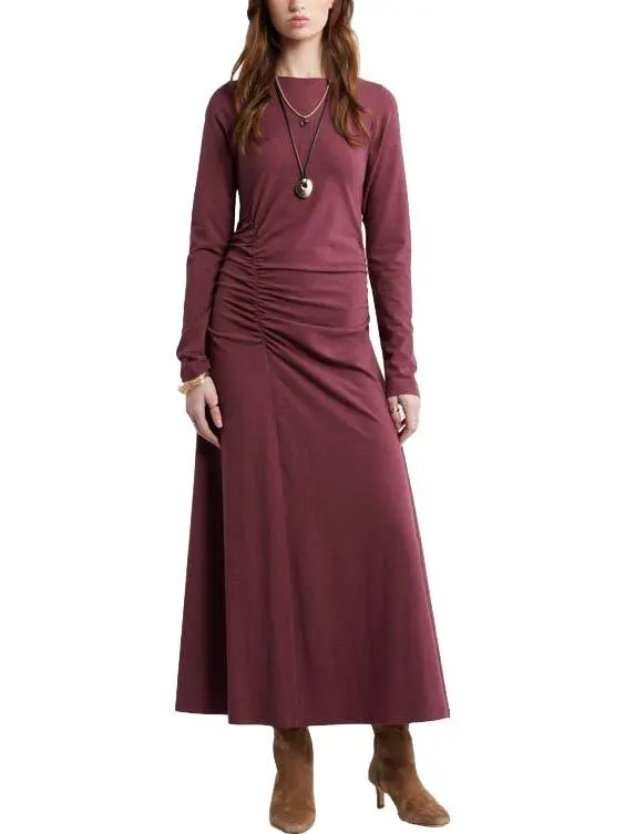 Treasure & Bond Side Ruched Long Sleeve Stretch Cotton Dress - Red Roxbury Heather