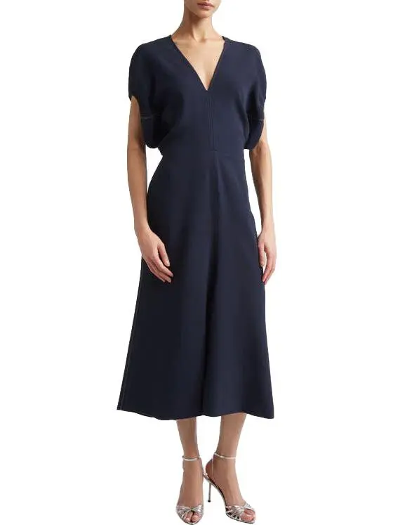 Victoria Beckham Blouson Detail Stretch Crepe Midi Dress - Navy