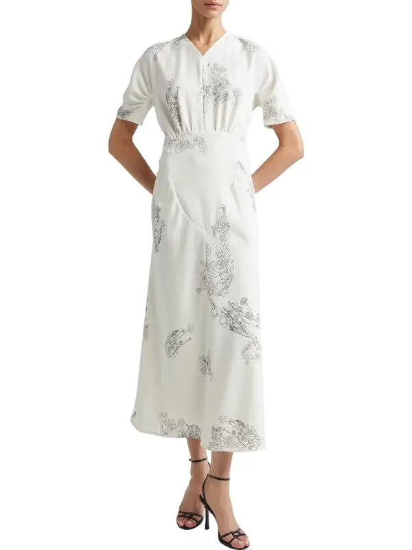 Victoria Beckham Gathered Detail Floral Stretch Cady Midi Dress - Off White Black