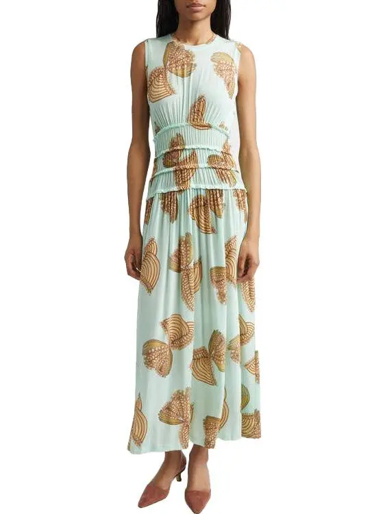 Ulla Johnson Kamaria Botanical Pleated Midi Dress - Water Blossoms