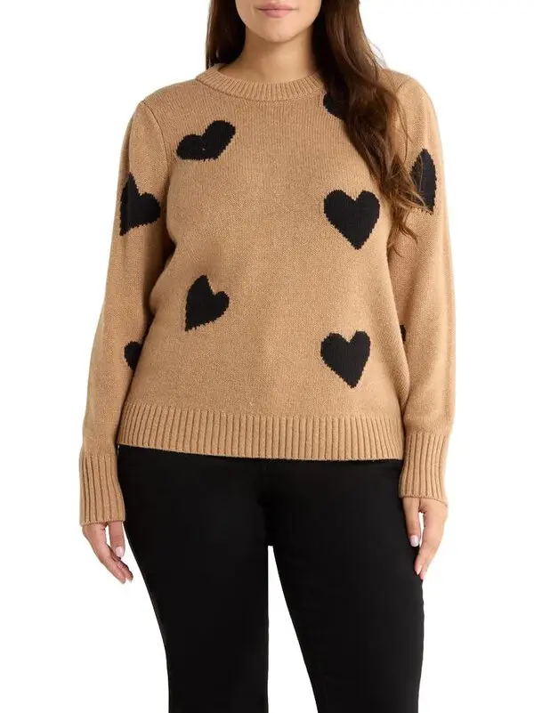 Caslon Intarsia Heart Crewneck Pullover - Tan Camel- Black Heart