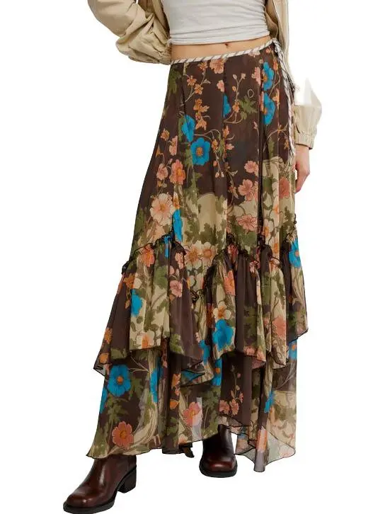 Free People Palermo Villa Chiffon Maxi Skirt - Brown Combo