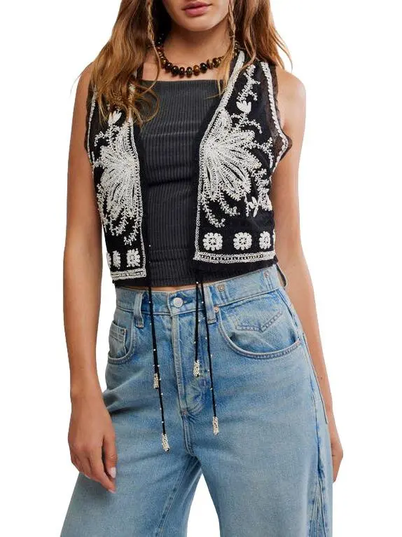 Free People Embroidered Tulle Vest - Black