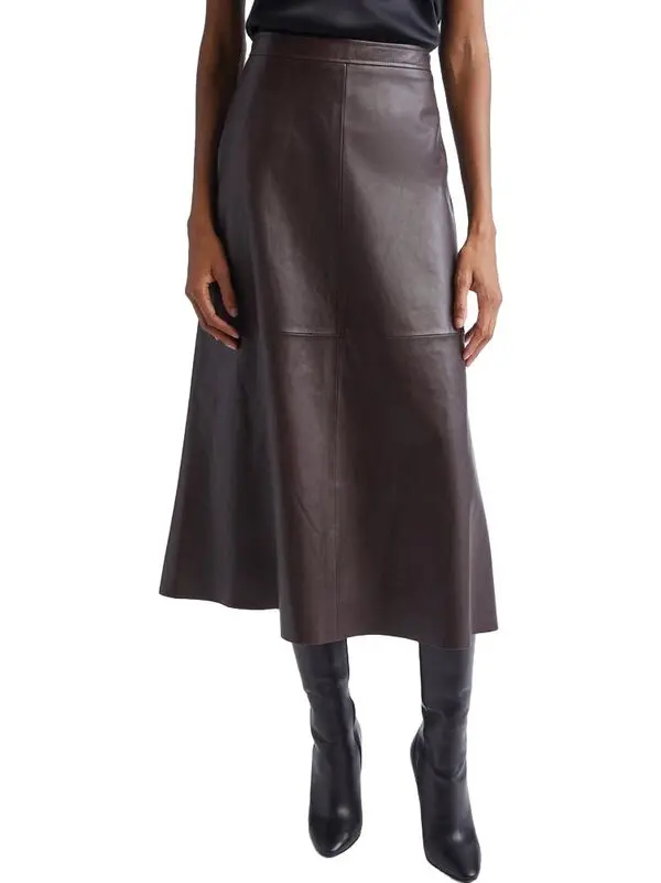 St. John Soft Luxe Napa Leather A-line Midi Skirt - Mahogany