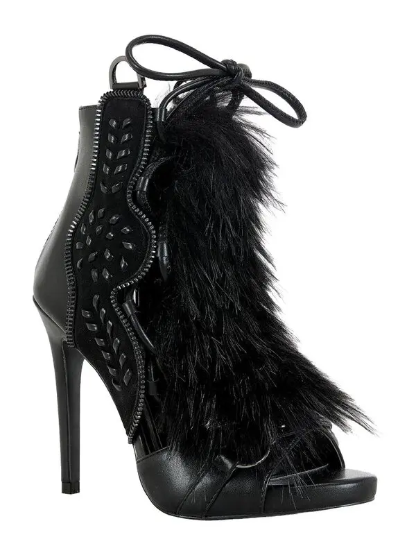 AZALEA WANG Shainy Faux Fur Open Toe Bootie - Black