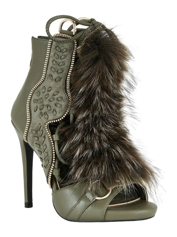 AZALEA WANG Shainy Faux Fur Open Toe Bootie - Olive