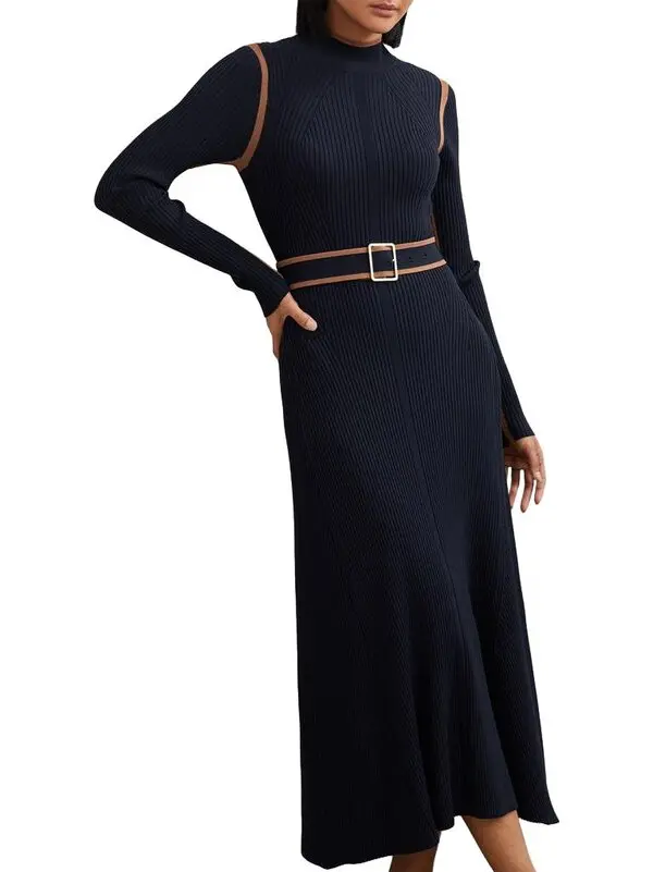 REISS Ella Belted Long Sleeve Rib Maxi Dress - Navy/camel