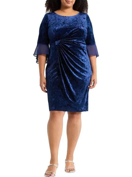 CONNECTED APPAREL Crushed Velvet Ruched Cocktail Dress - Navy