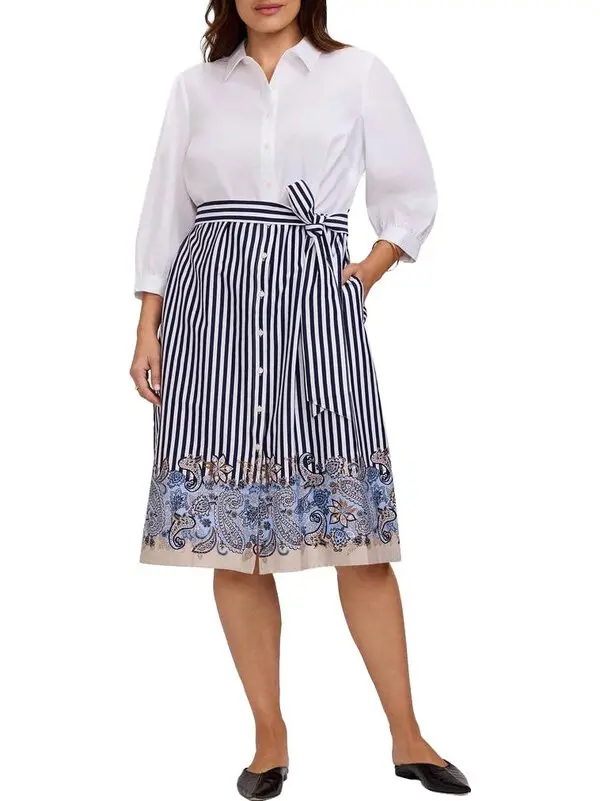 Foxcroft Esther Belted Stripe & Paisley Print Shirtdress - White Multi
