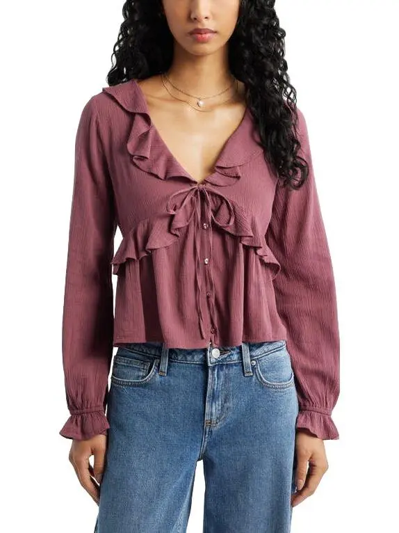 Bp. Ruffle Tie-neck Button-up Shirt - Burgundy Shade