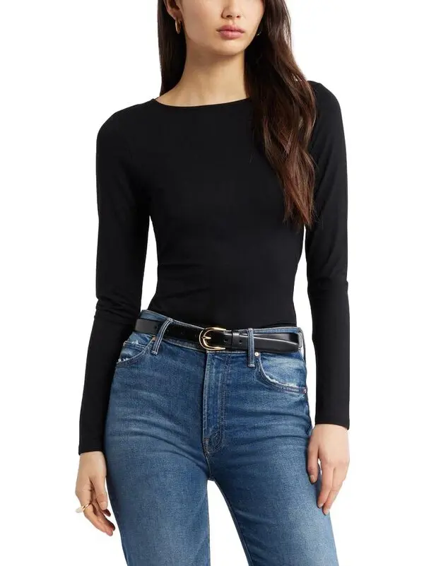 OPEN EDIT Cowl Back Long Sleeve Shirt - Black
