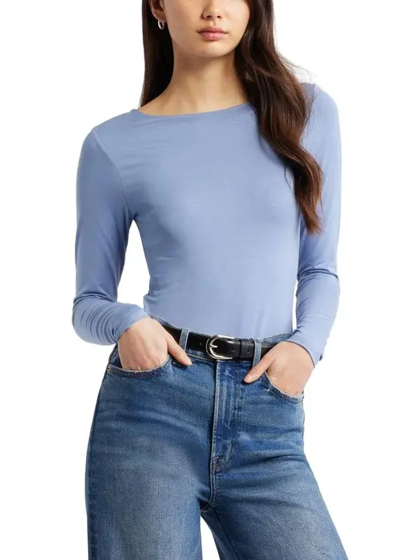 OPEN EDIT Cowl Back Long Sleeve Shirt - Blue Umbra