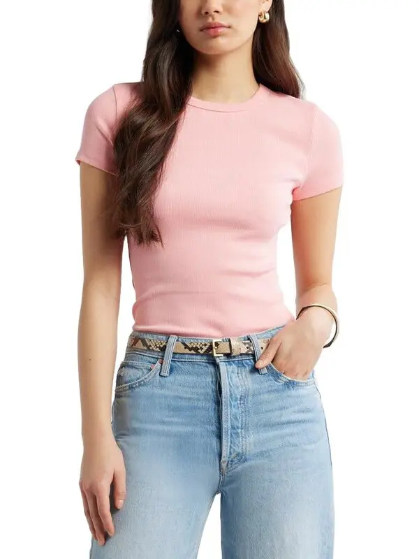 OPEN EDIT Rib Short Sleeve Shirt - Pink Flamingo