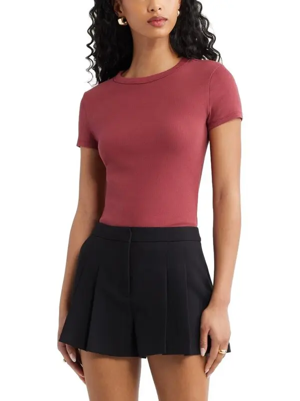 OPEN EDIT Rib Short Sleeve Shirt - Red Ruby