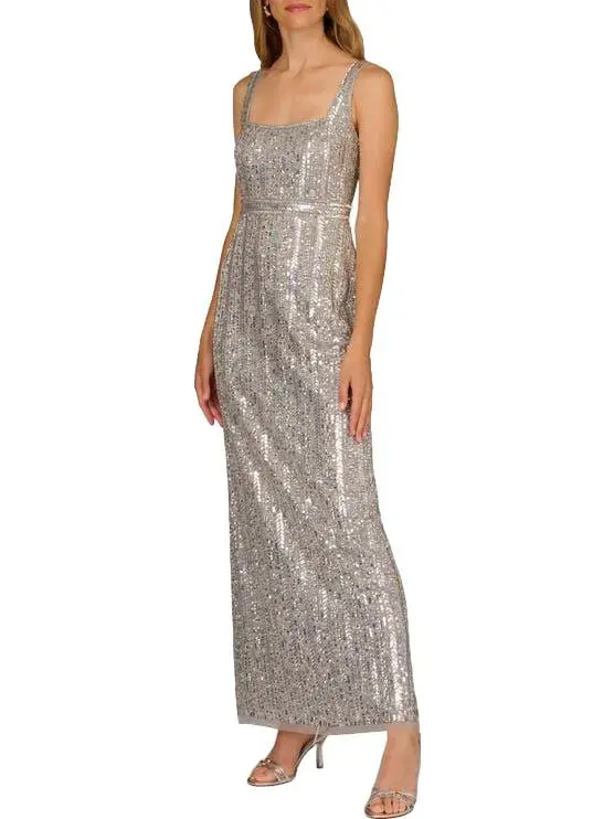 Aidan Mattox Sequin Sleeveless Gown - Silver