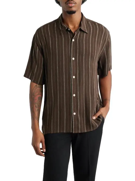 OPEN EDIT Stripe Short Sleeve Button-up Shirt - Brown Kiyoshi Stripe