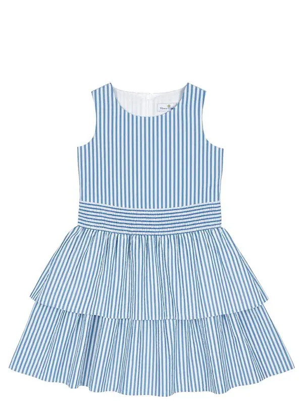 FLORENCE EISEMAN Striped Seersucker Dress With Waist Ruching - Blue/white