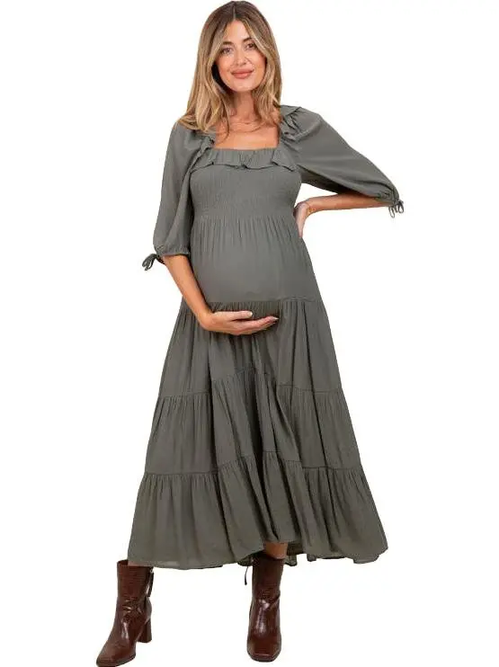 PINKBLUSH Smocked Ruffle Detail Tiered Maternity Midi Dress - Olive Green