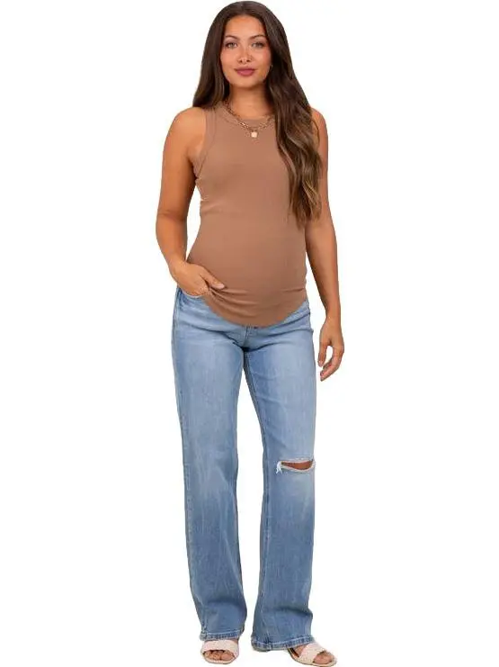 PINKBLUSH Distressed Knee Slim Fit Wide Leg Maternity Jeans - Light Blue