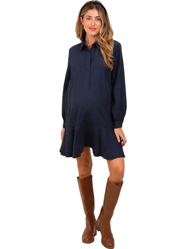 PINKBLUSH Striped Long Sleeve Drop Waist Polo Dress - Navy Blue