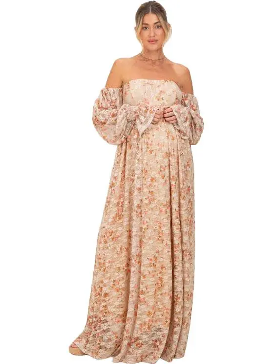 PINKBLUSH Floral Lace Smocked Long Sleeve Off Shoulder Maxi Dress - Multi