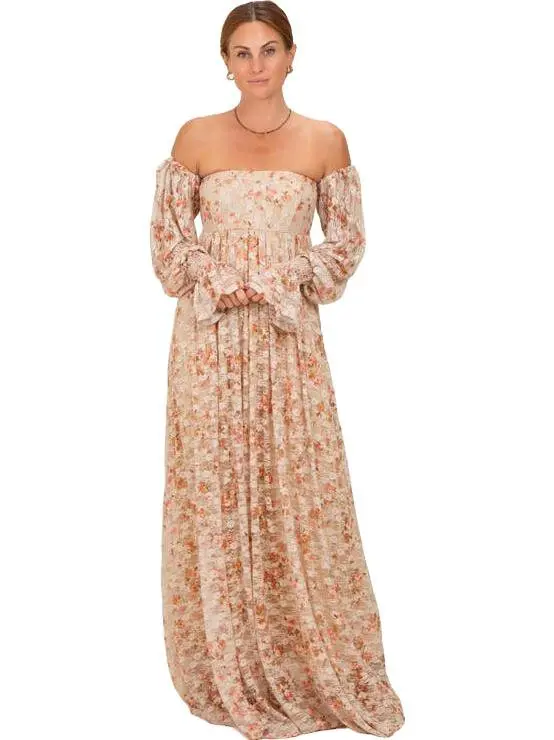 PINKBLUSH Floral Lace Smocked Long Sleeve Off Shoulder Maxi Dress - Multi