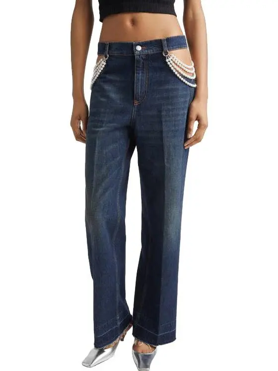 Stella McCartney Faux Pearl Embellished Straight Leg Jeans - Dark Blue