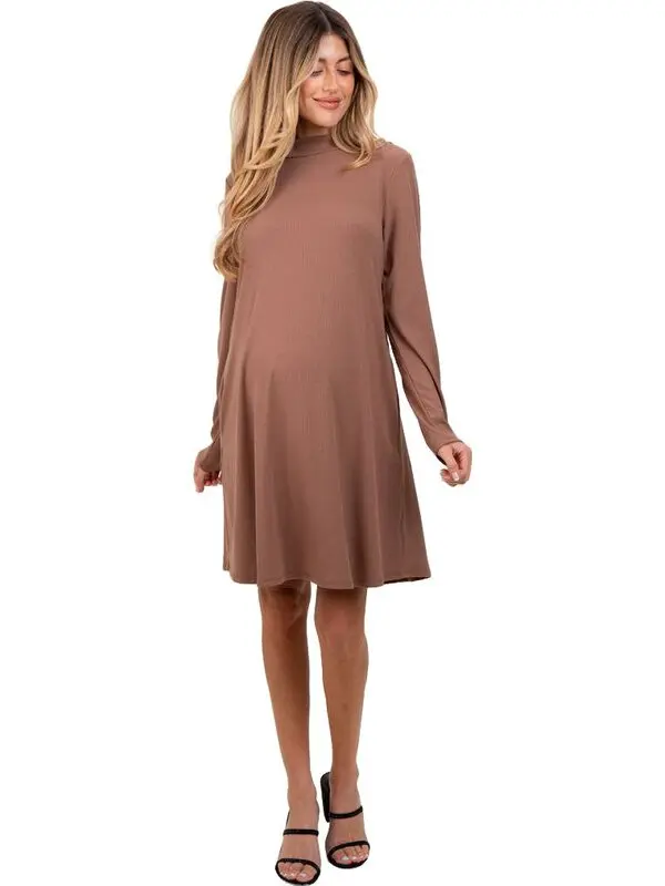 PINKBLUSH Ribbed Mock Neck Long Sleeve Dress - Mocha
