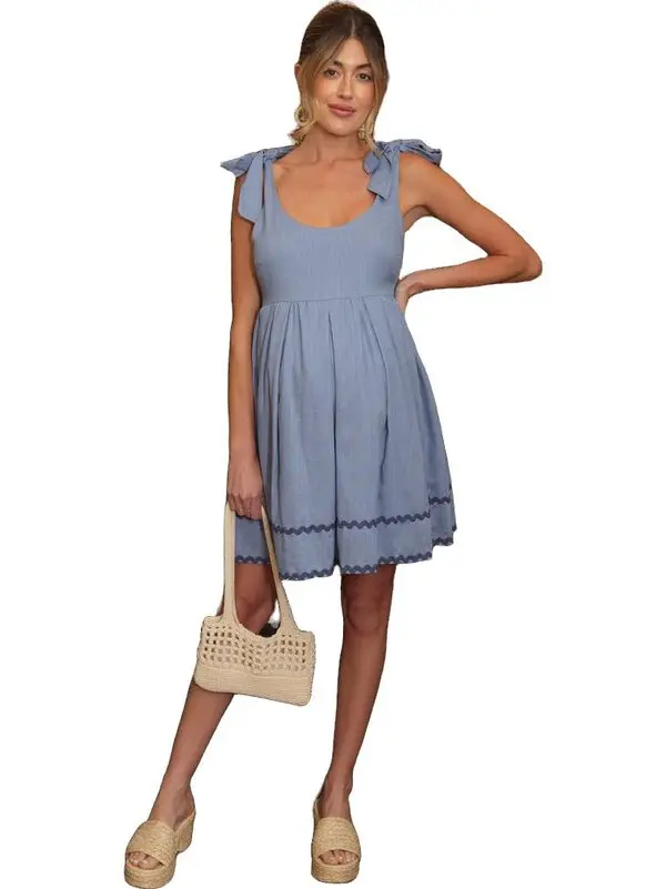 PINKBLUSH Shoulder Bow Tie Pleated Mini Dress - Blue