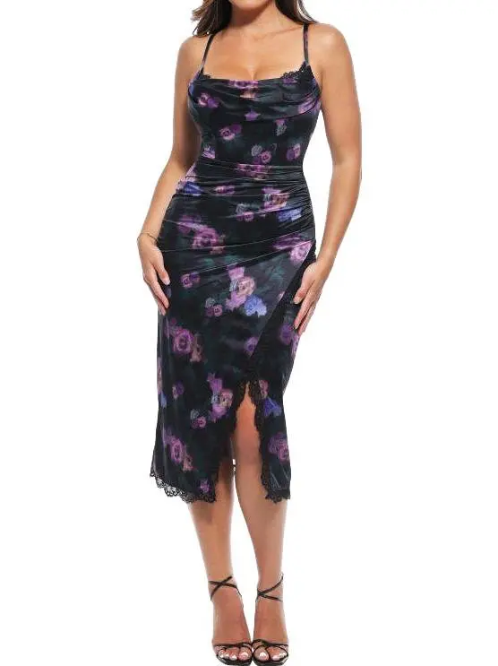 POPILUSH Lace Trim Floral-print Midi Shaper Dress - Nocturne Floral