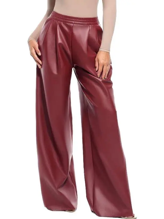 POPILUSH Faux Leather High-waisted Wide Leg Pants - Mahogany Red