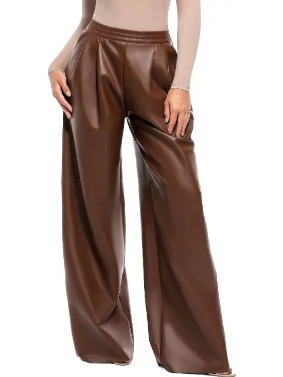 POPILUSH Faux Leather High-waisted Wide Leg Pants - Saddle Brown