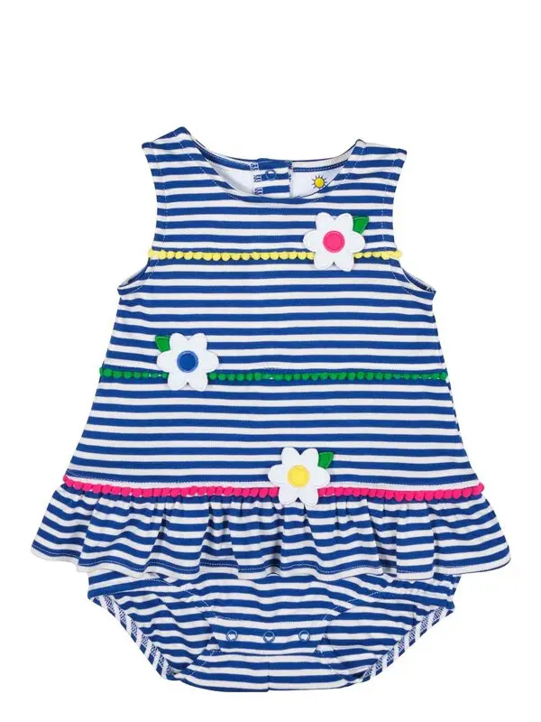 FLORENCE EISEMAN Stripe Knit Romper With Appliqué Flowers And Pom-pom Trim - Royal/white