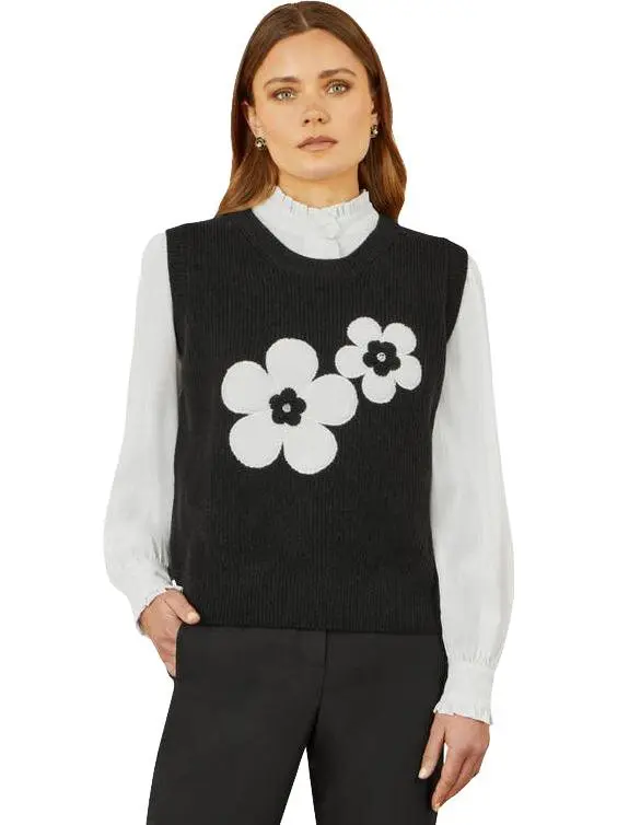 YUMI Knitted Floral Sleeveless Sweater Vest - Black