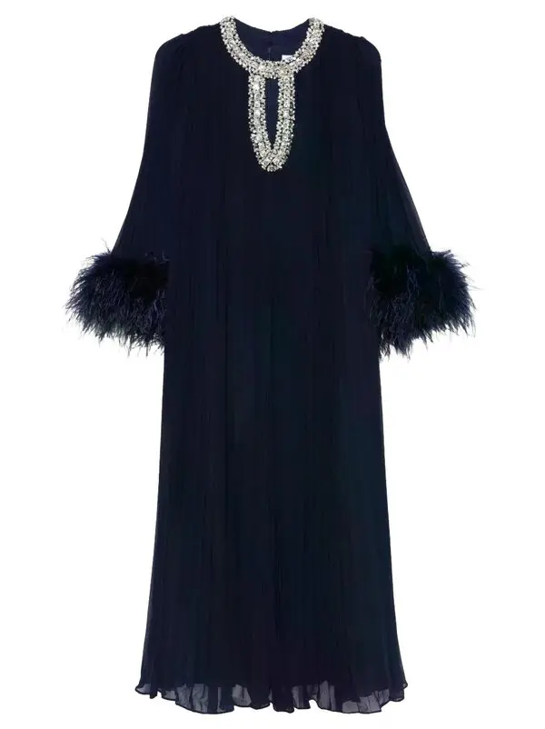 SELF-PORTRAIT Feather-cuff Pleated Maxi Dress - Blue