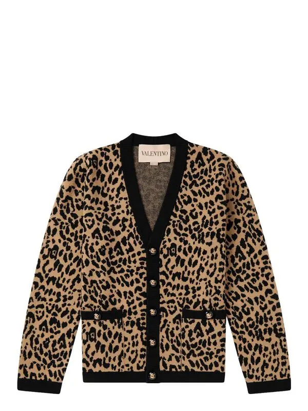 Valentino Garavani Leopard-jacquard Knit Wool Cardigan - Brown