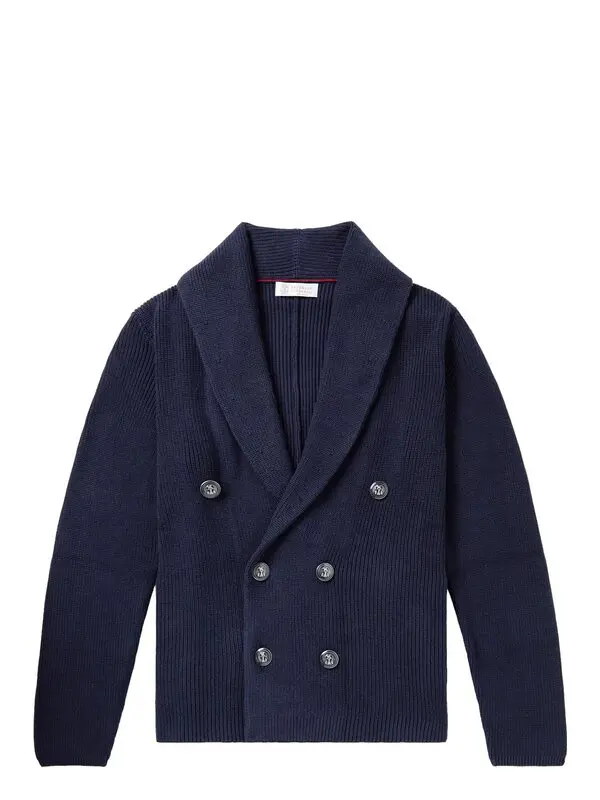 Brunello Cucinelli Shawl-collar Double-breasted Ribbed Cotton Cardigan - Blue