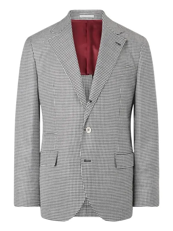 Brunello Cucinelli Houndstooth Wool, Linen And Silk-blend Blazer - Gray